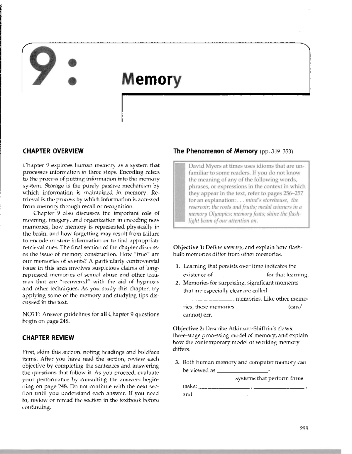 00000chapter 9— - . CHAPTER OVERVIEW The Phenomenon of Memory 0 3 Is i ci a H IC nors a a sx ...