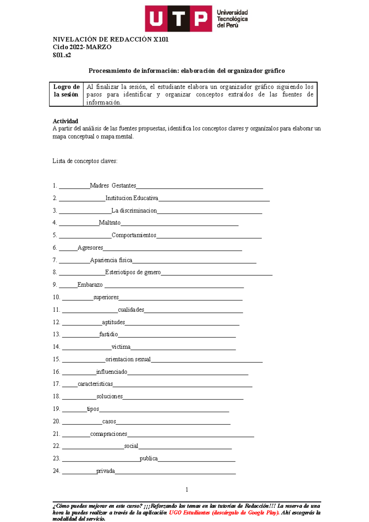 Elaboración del organizador gráfico y palabras en el listado ...