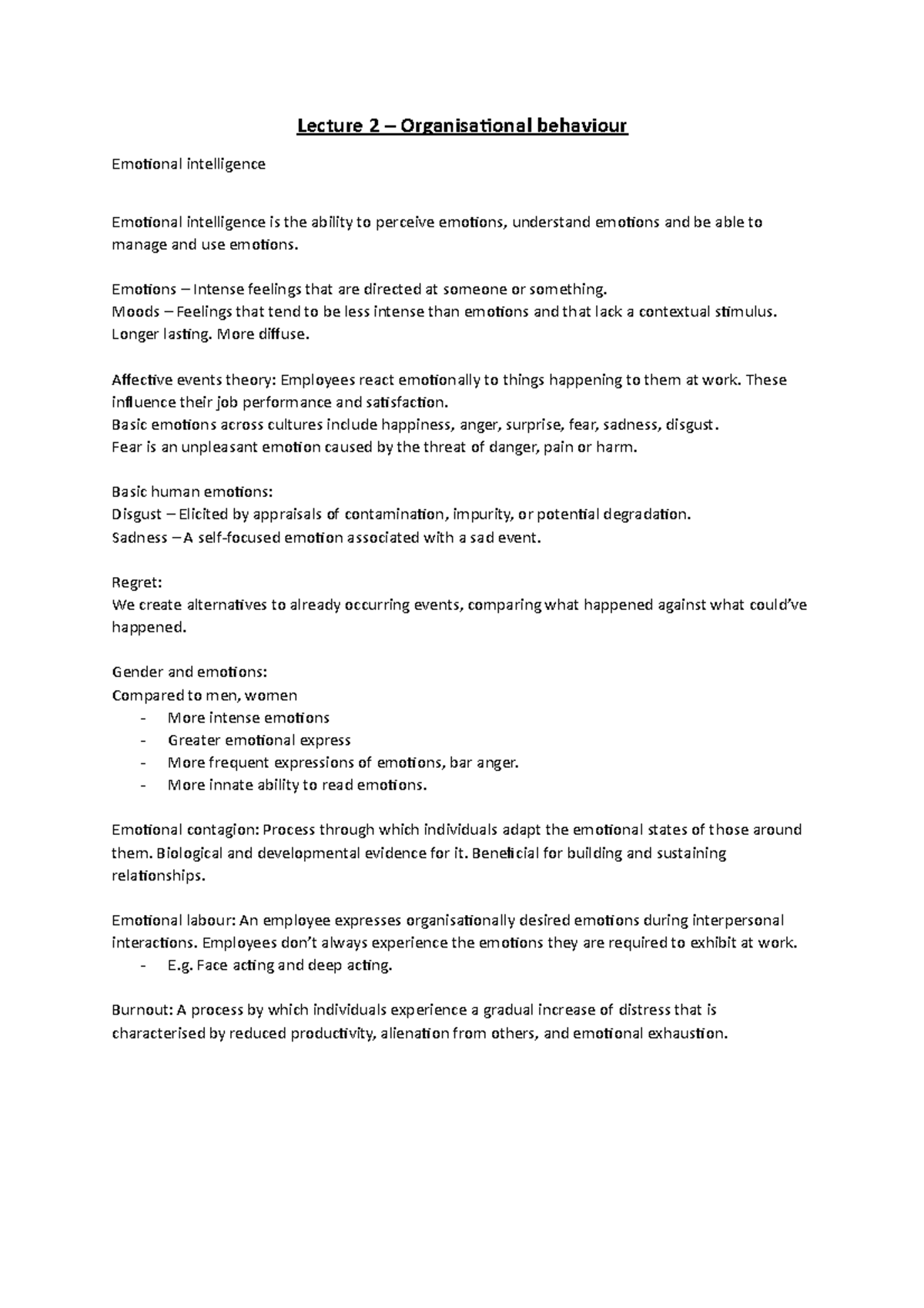 Lecture 2 - Organisational Behaviour - Lecture 2 – Organisational behaviour Emotional ...