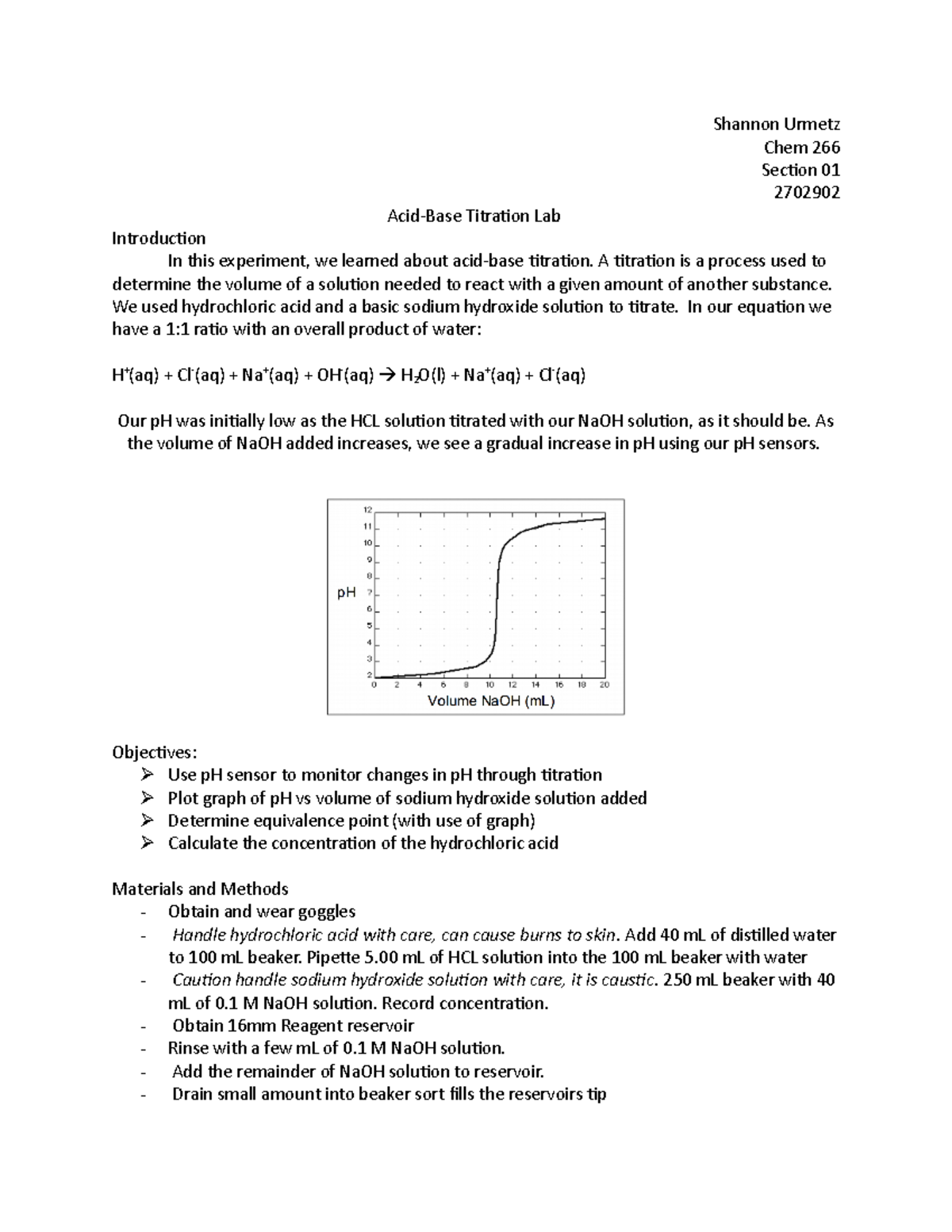 Acid-Base Titration Lab - Shannon Urmetz Chem 266 Section 01 2702902 ...