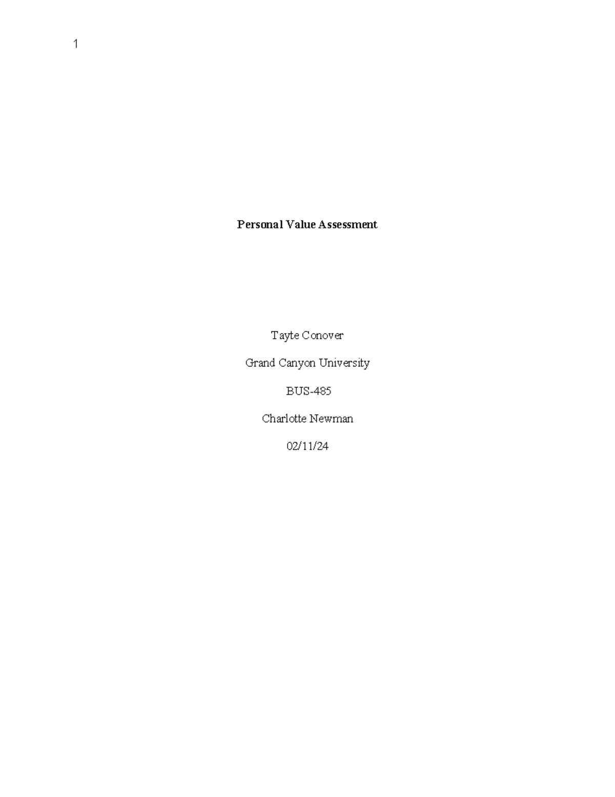 Personal Value Assessment - Personal Value Assessment Tayte Conover ...