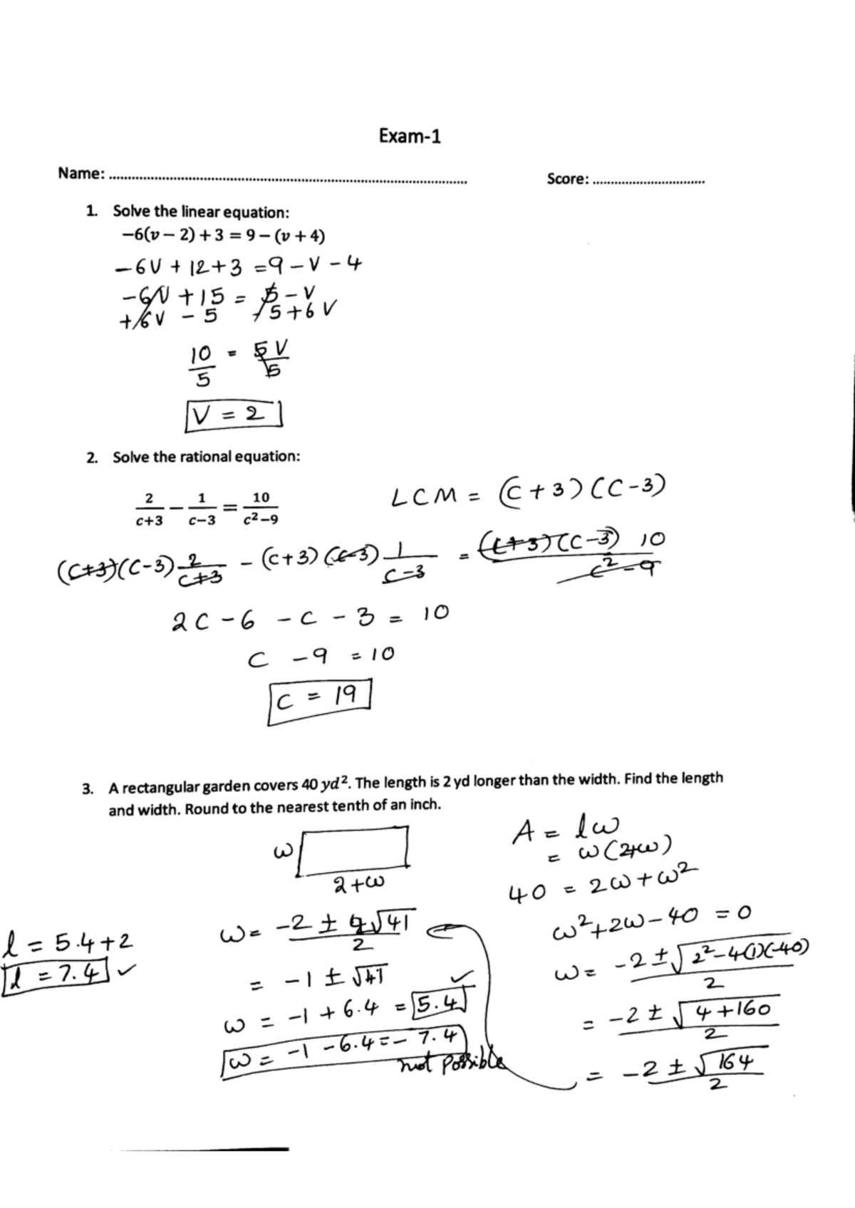 Exam-1 College Algebra Solution - Name: Score: 1. Solve the linear ...