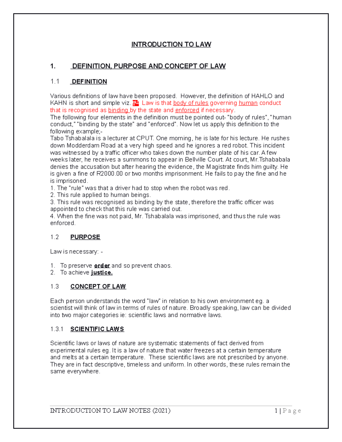 2021 Introduction TO LAW Notes - INTRODUCTION TO LAW 1. DEFINITION ...