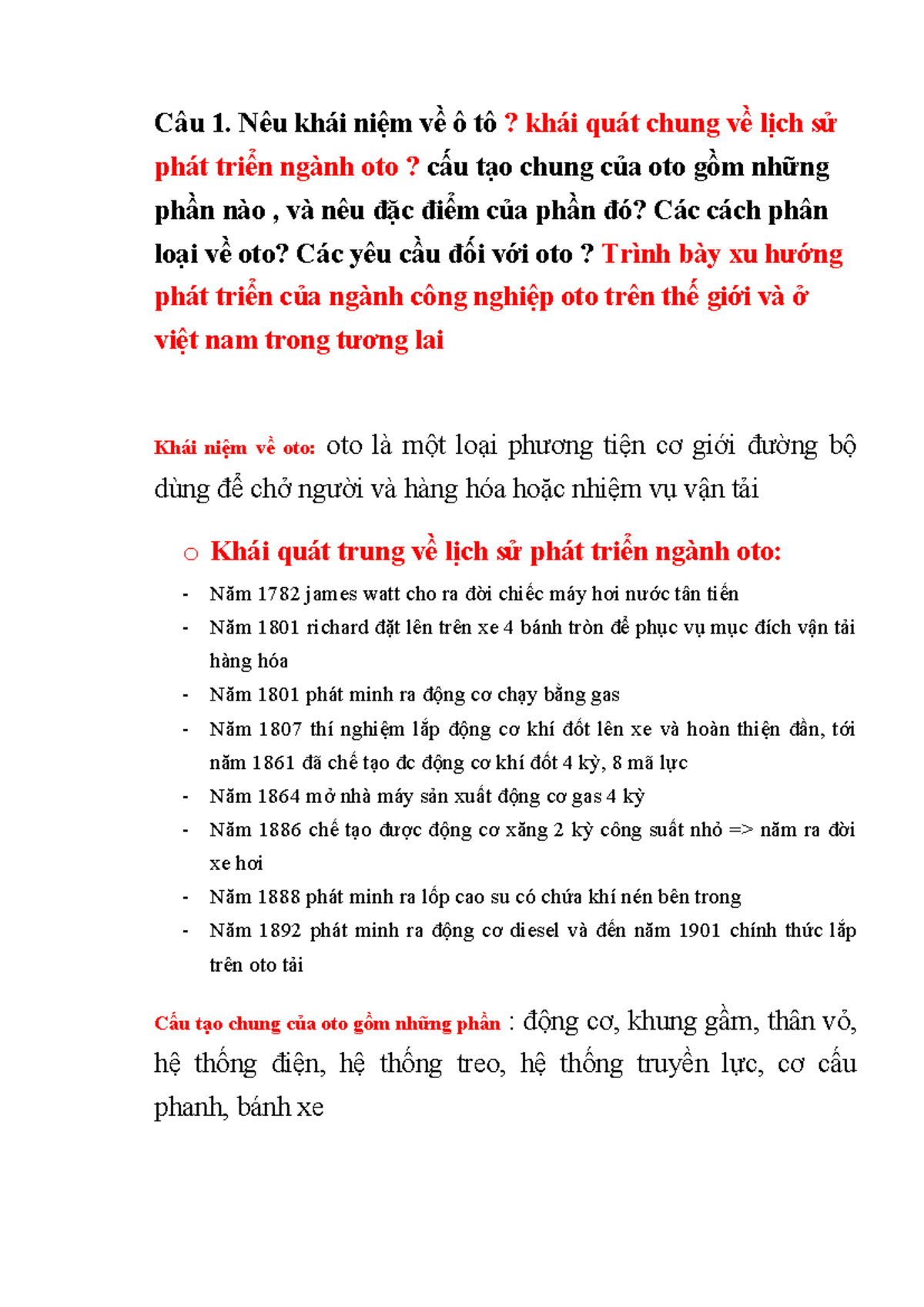 đề cương khung gầm oto - Hay - Câu 1. Nêu khái niệm về ô tô? khái quát ...