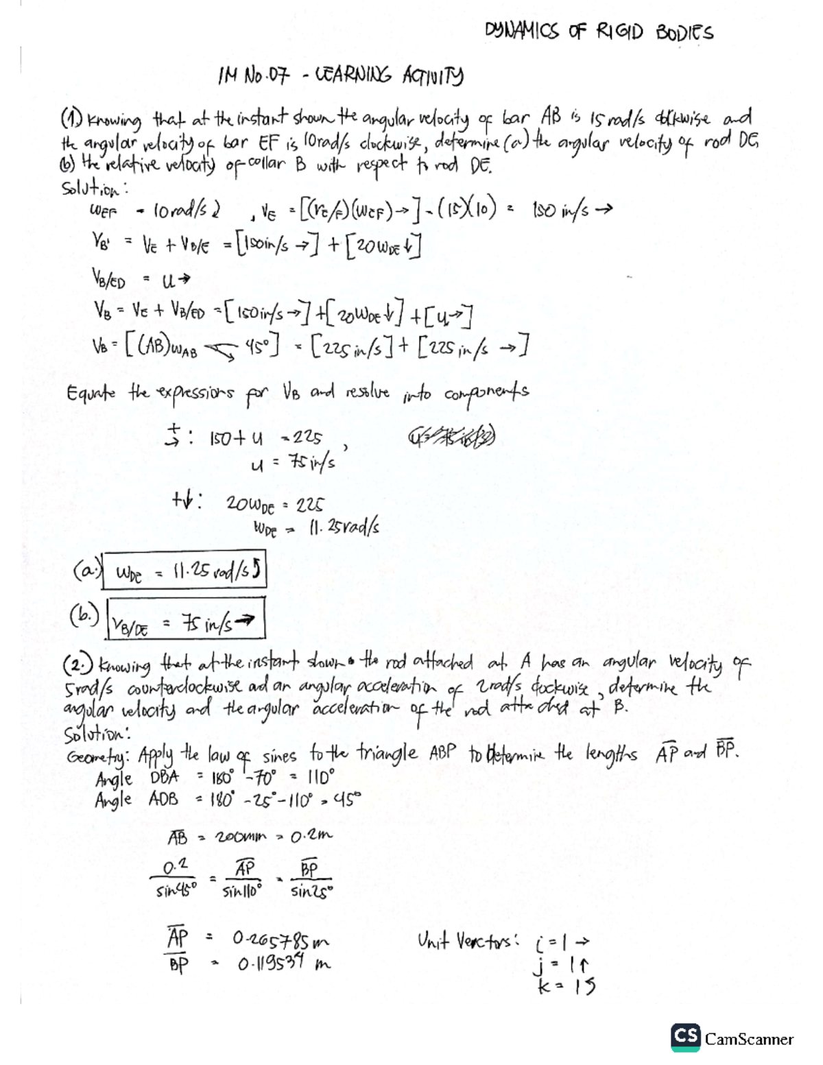 Dynamics of Rigid Bodies - Learning Activities #7 - Mechanical Engineering - CamScanner ...