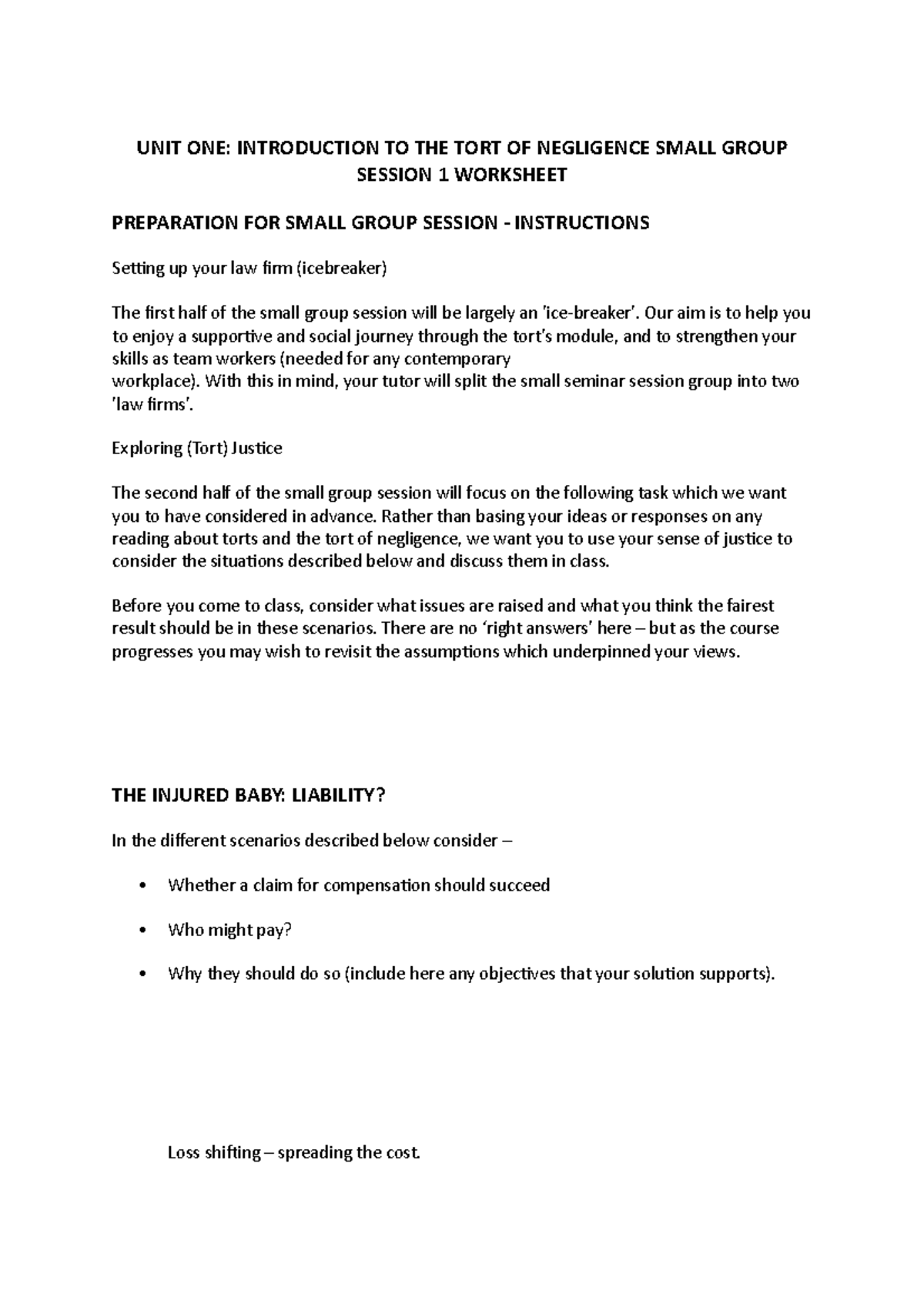 Tort Tutorial Unit 1 - UNIT ONE: INTRODUCTION TO THE TORT OF NEGLIGENCE ...