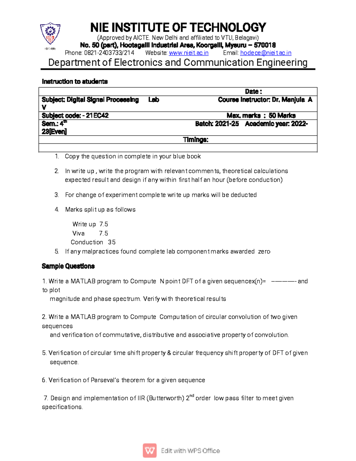 DSP Lab sample questions - N (IApproved by AICTE. New Delhi and ...