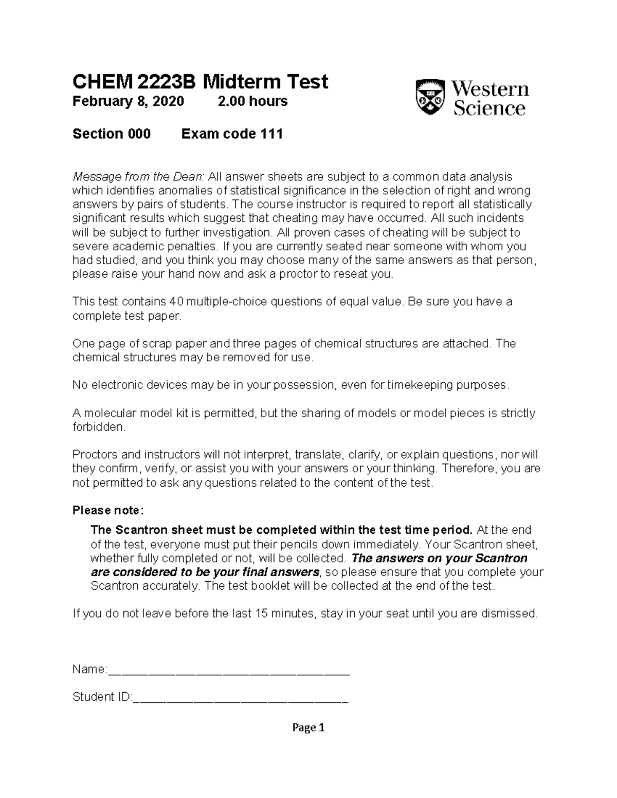 Midterm 2020, questions and answers - CHEM 2223B Midterm Test February ...