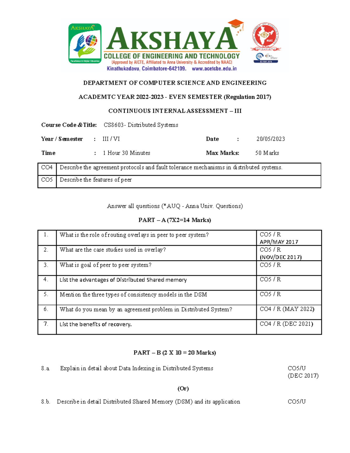 CIA 3 QP - abcd - DEPARTMENT OF COMPUTER SCIENCE AND ENGINEERING ACADEMTC YEAR 2022-2023 - EVEN ...