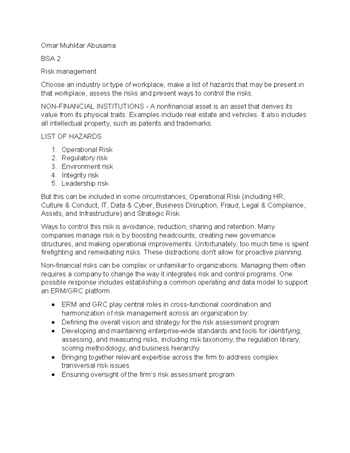 Abusama Risks - assignment in corporate governance - Omar Muhktar Abusama BSA 2 Risk management ...