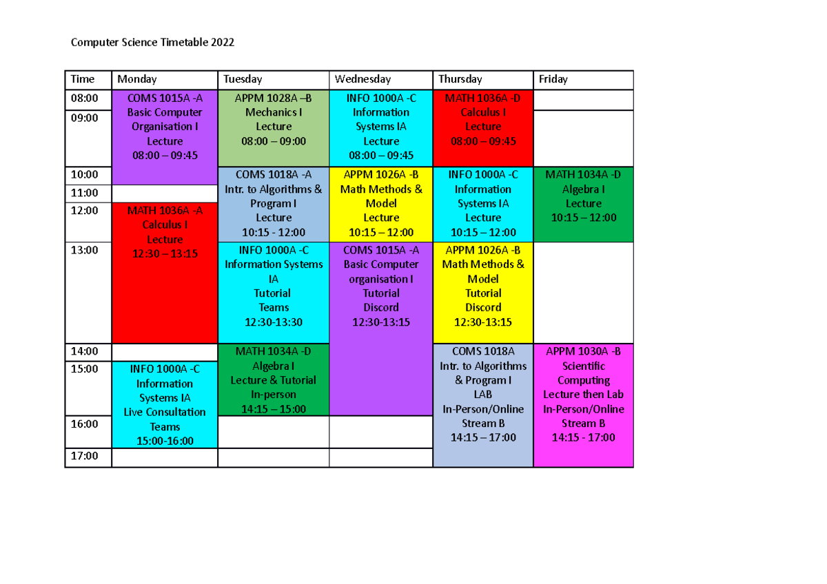 Comp Sci Timetable - Computer Science Timetable 2022 Time Monday Tuesday Wednesday Thursday ...