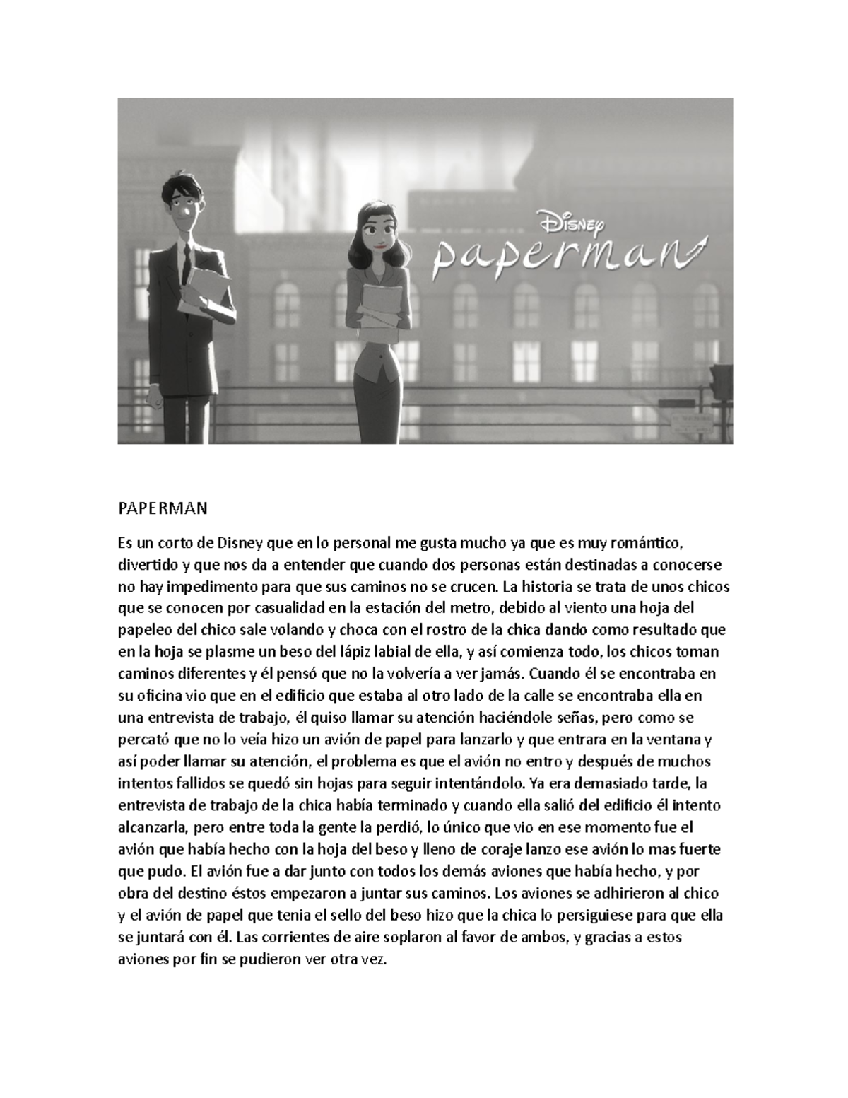 Paperman - Resumen de corto animacion 2d - PAPERMAN Es un corto de Disney que en lo personal me ...