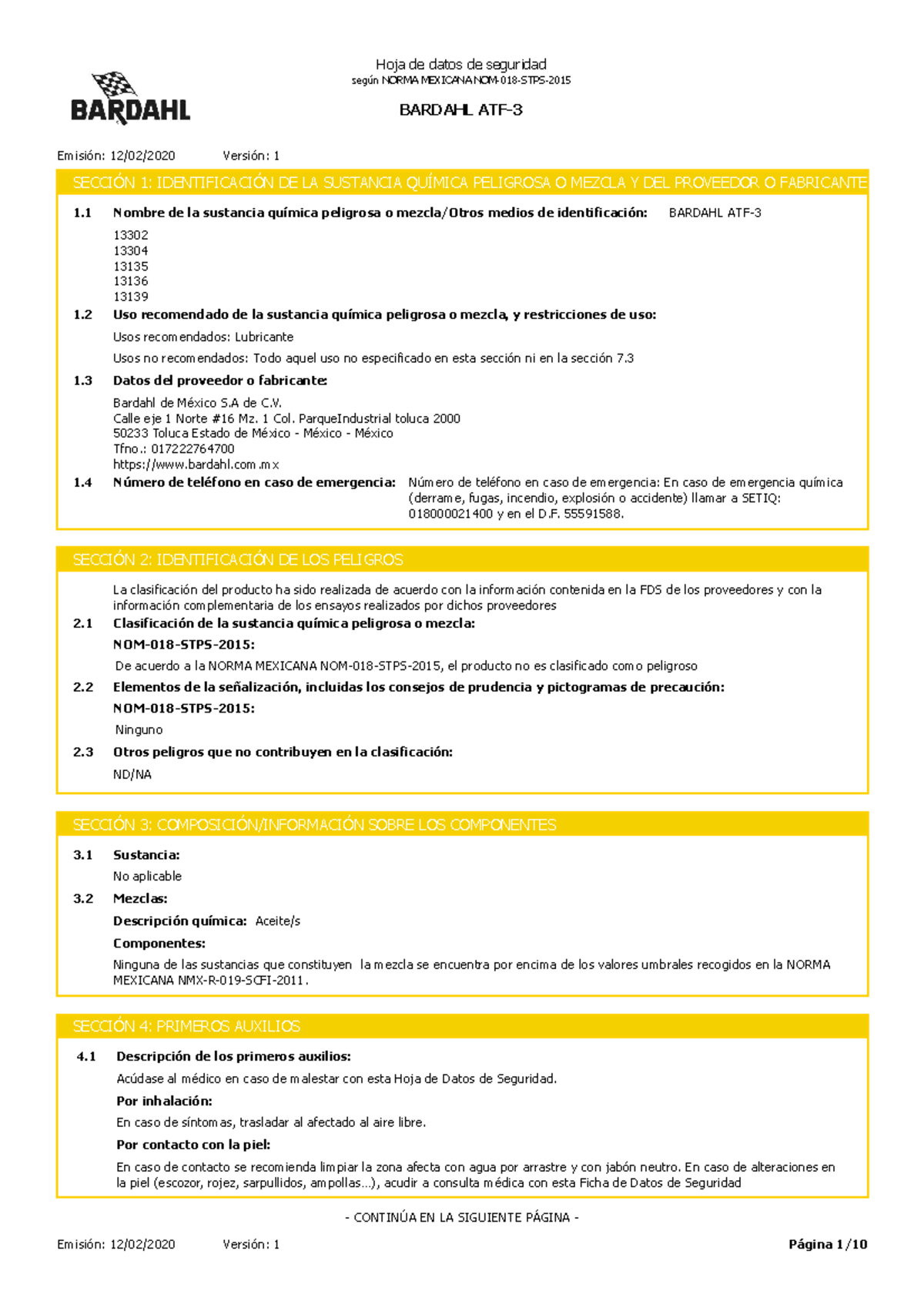 Bardahl ATF-3 - hoja de seguridad - Emisión: 12/02/2020 Versión: 1 ...