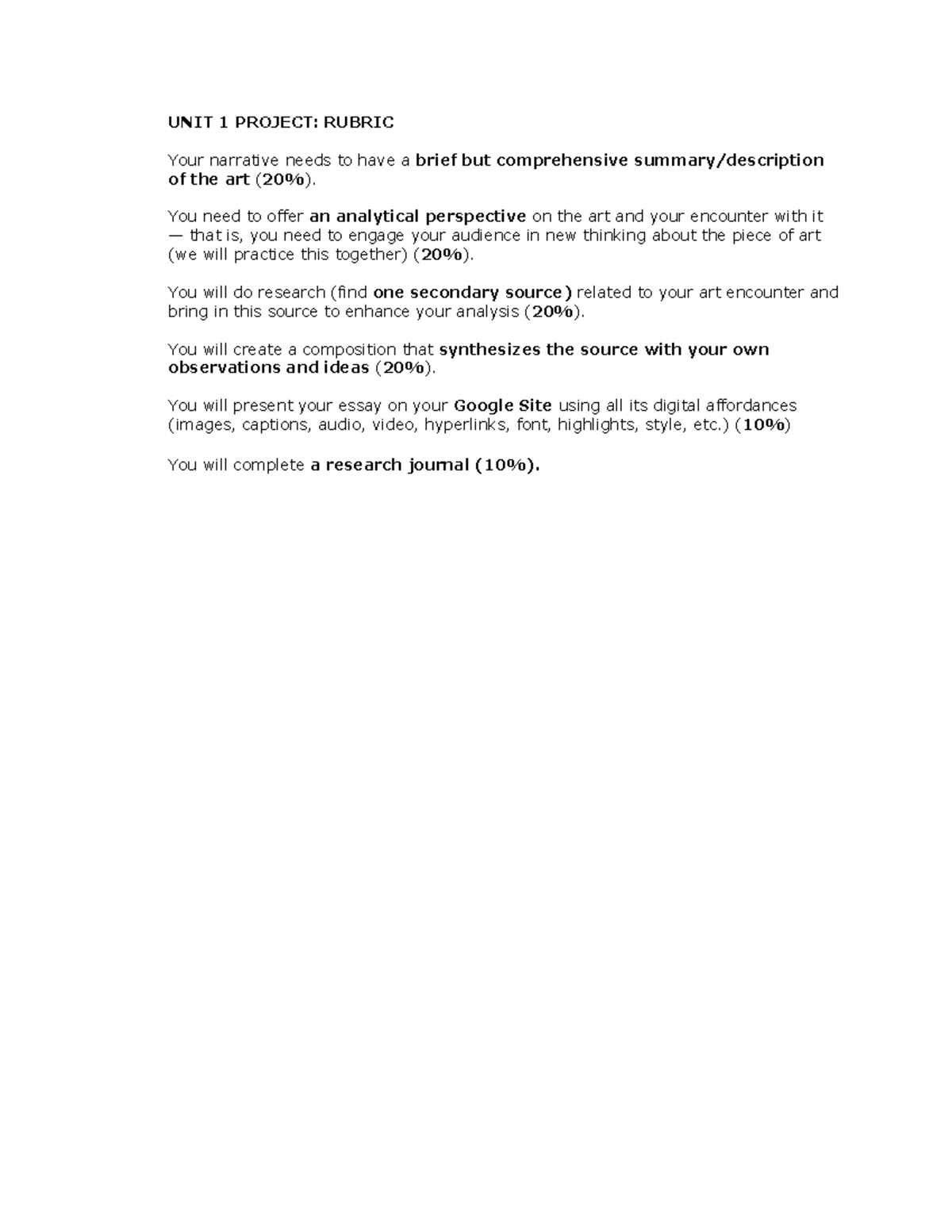 Unit 1 Project Rubric - about writing - UNIT 1 PROJECT: RUBRIC Your ...