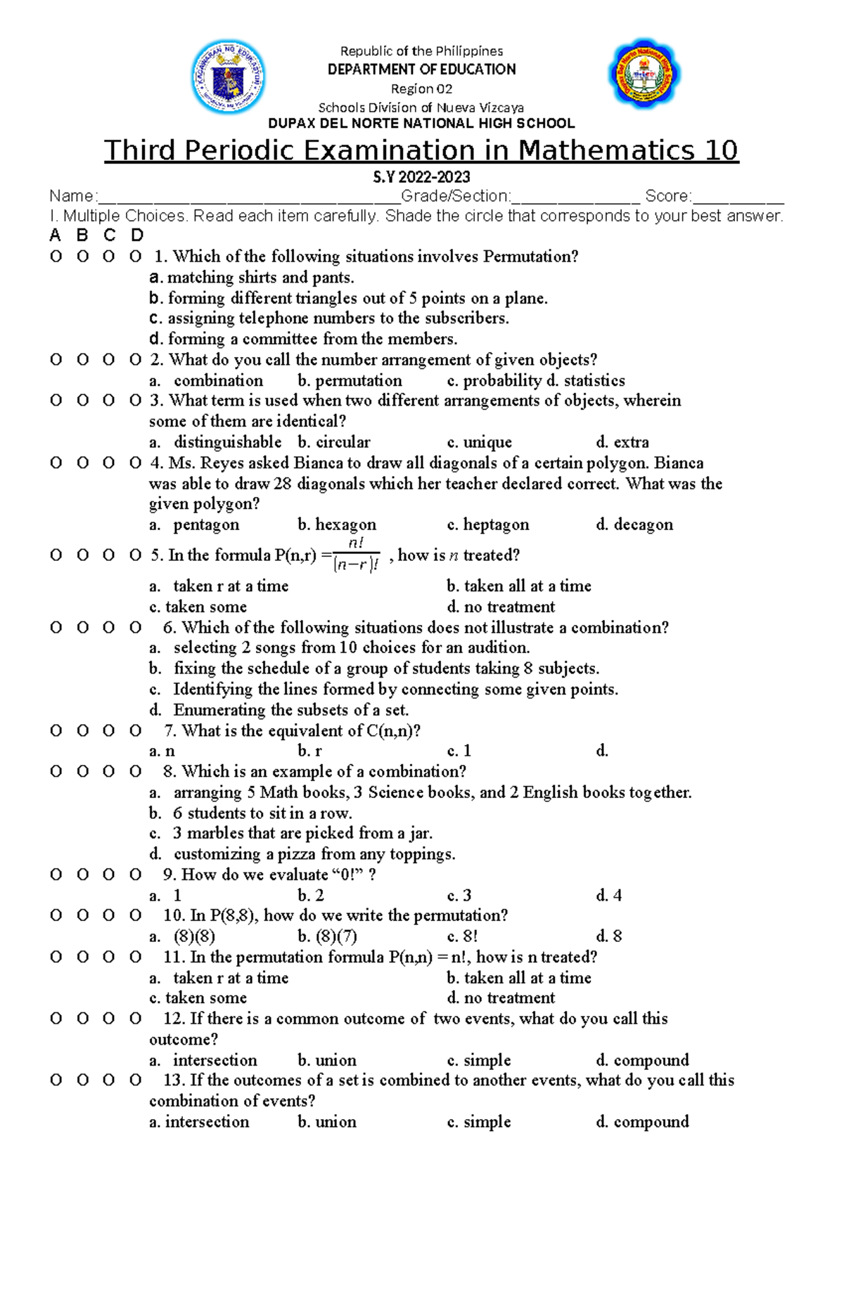 Grade 10 - test - Third Periodic Examination in Mathematics 10 S 2022 ...