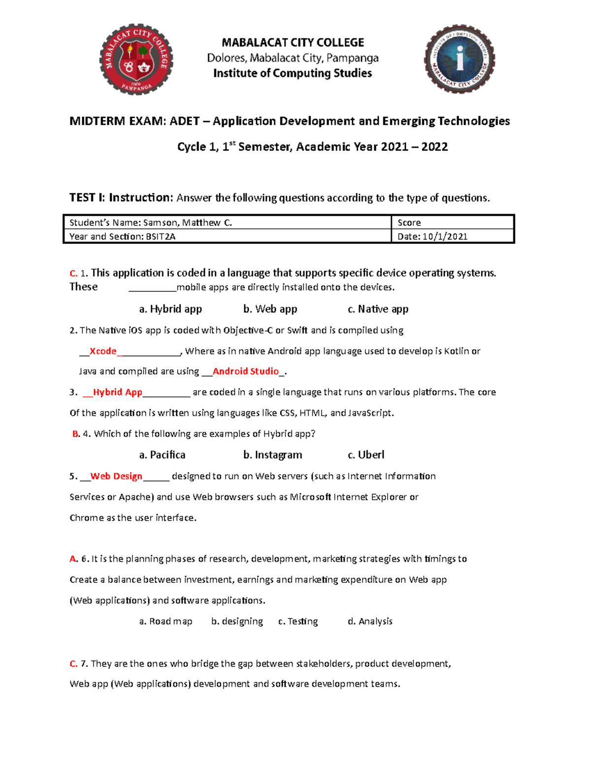 Midterm EXAM Samson, Matthew C - MIDTERM EXAM: ADET – Application ...