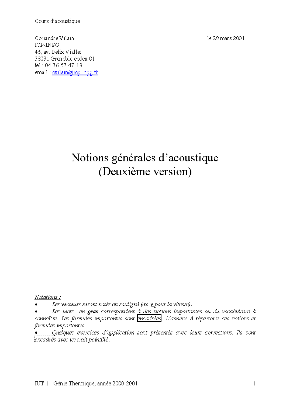 Cours acoustique isteub - Coriandre Vilain le 28 mars 2001 ICP-INPG 46 ...