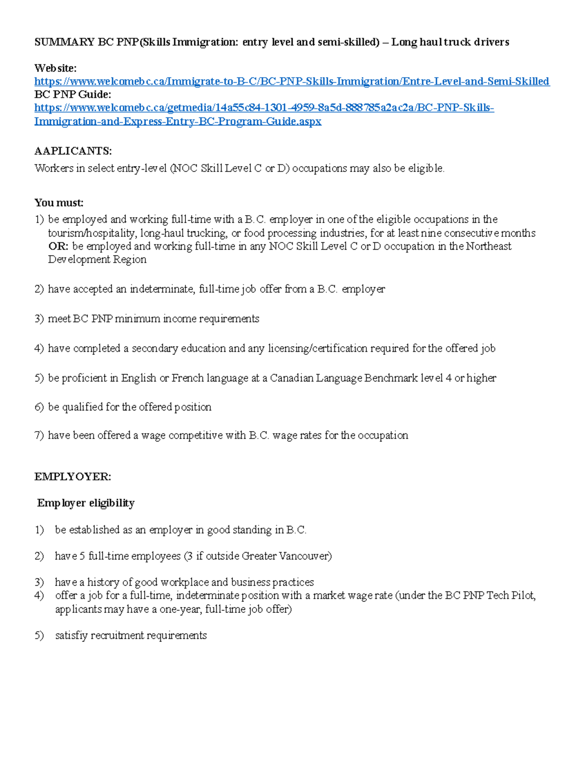 Summary BC PNP - none - SUMMARY BC PNP(Skills Immigration: entry level ...