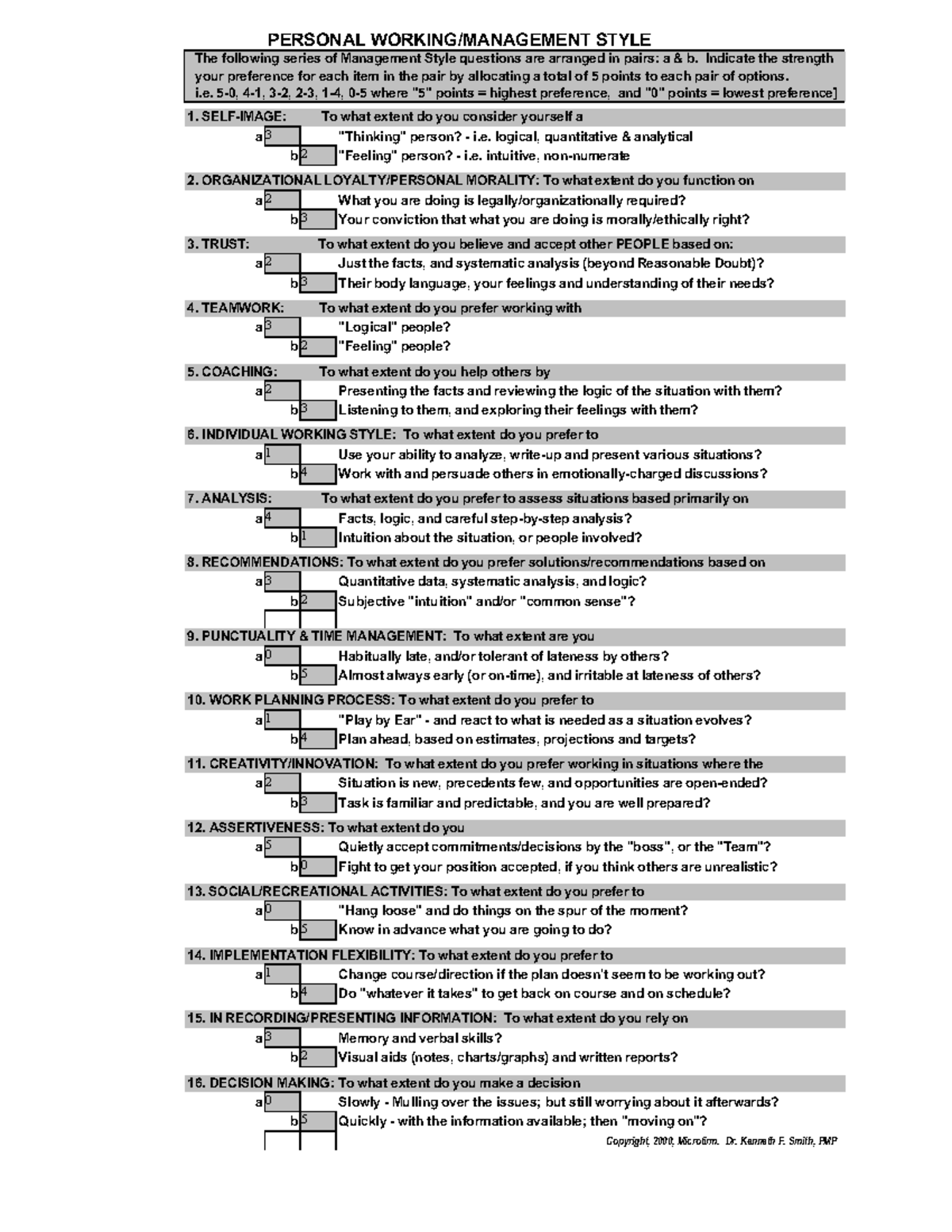 SO Handout Working Style Questionnaire - PERSONAL WORKING/MANAGEMENT ...