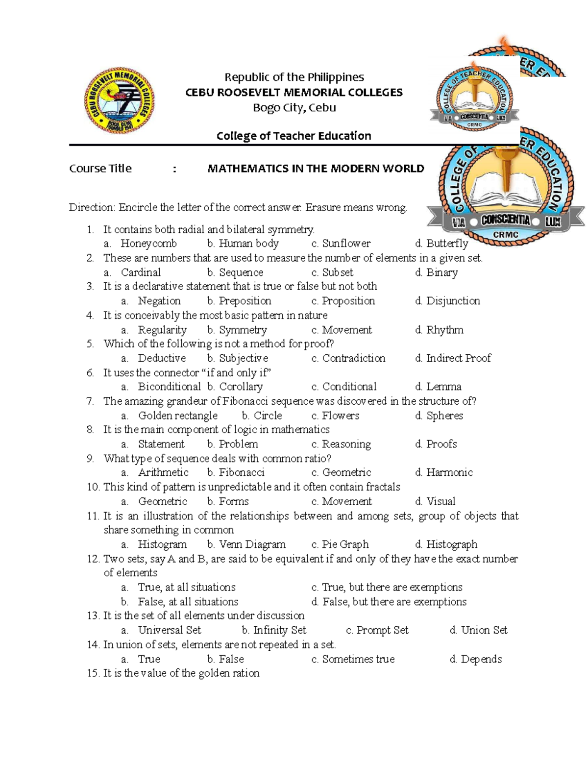 Refresher Questions-MMW - Republic of the Philippines CEBU ROOSEVELT ...