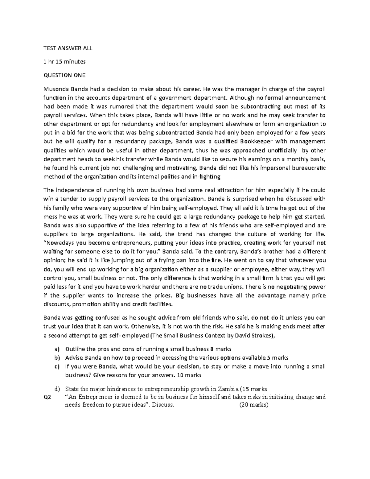 TEST 18 June 2017, questions - TEST ANSWER ALL 1 hr 15 minutes QUESTION ...