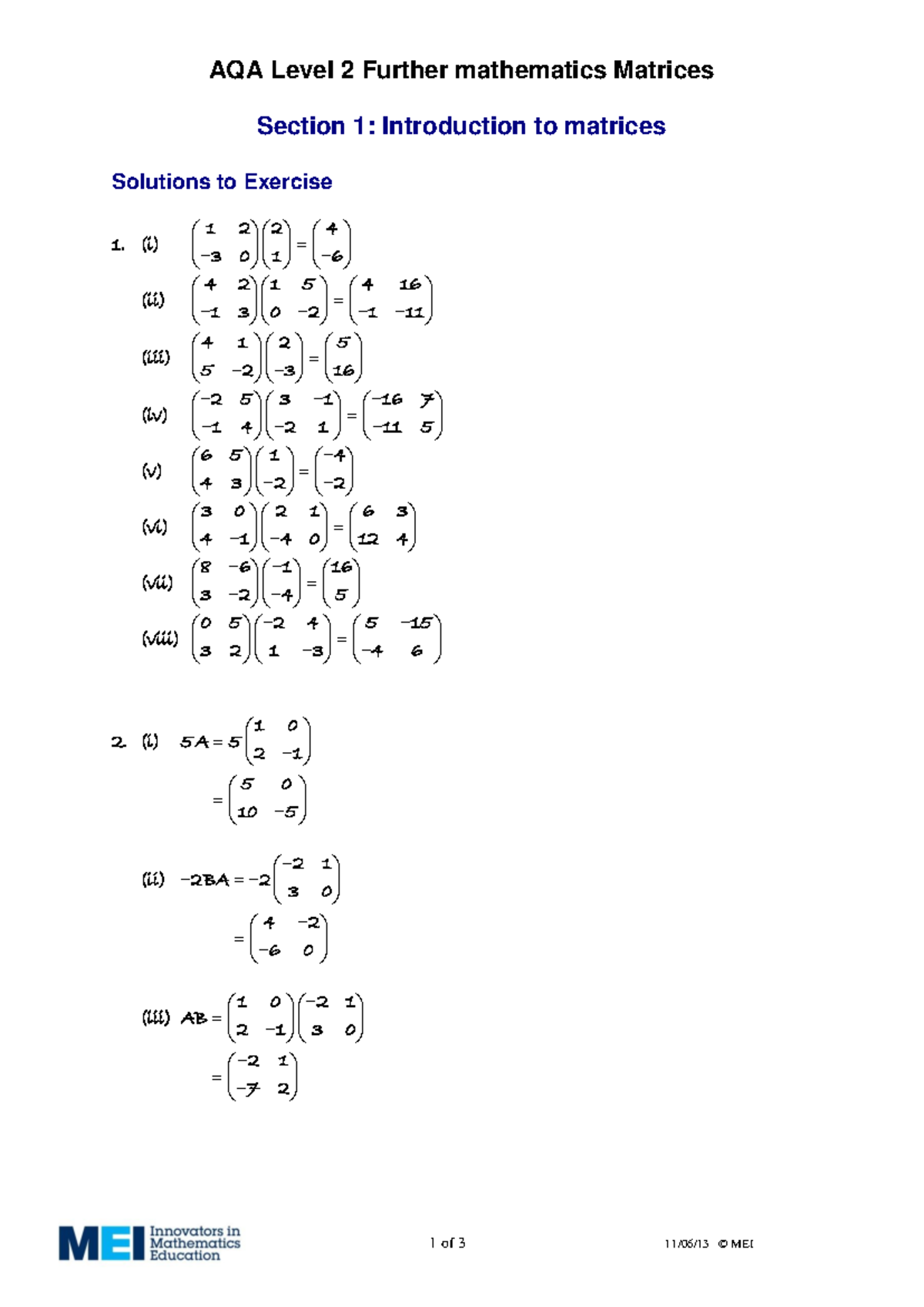 Introduction to Matrices Answers - AQA Level 2 Further mathematics ...
