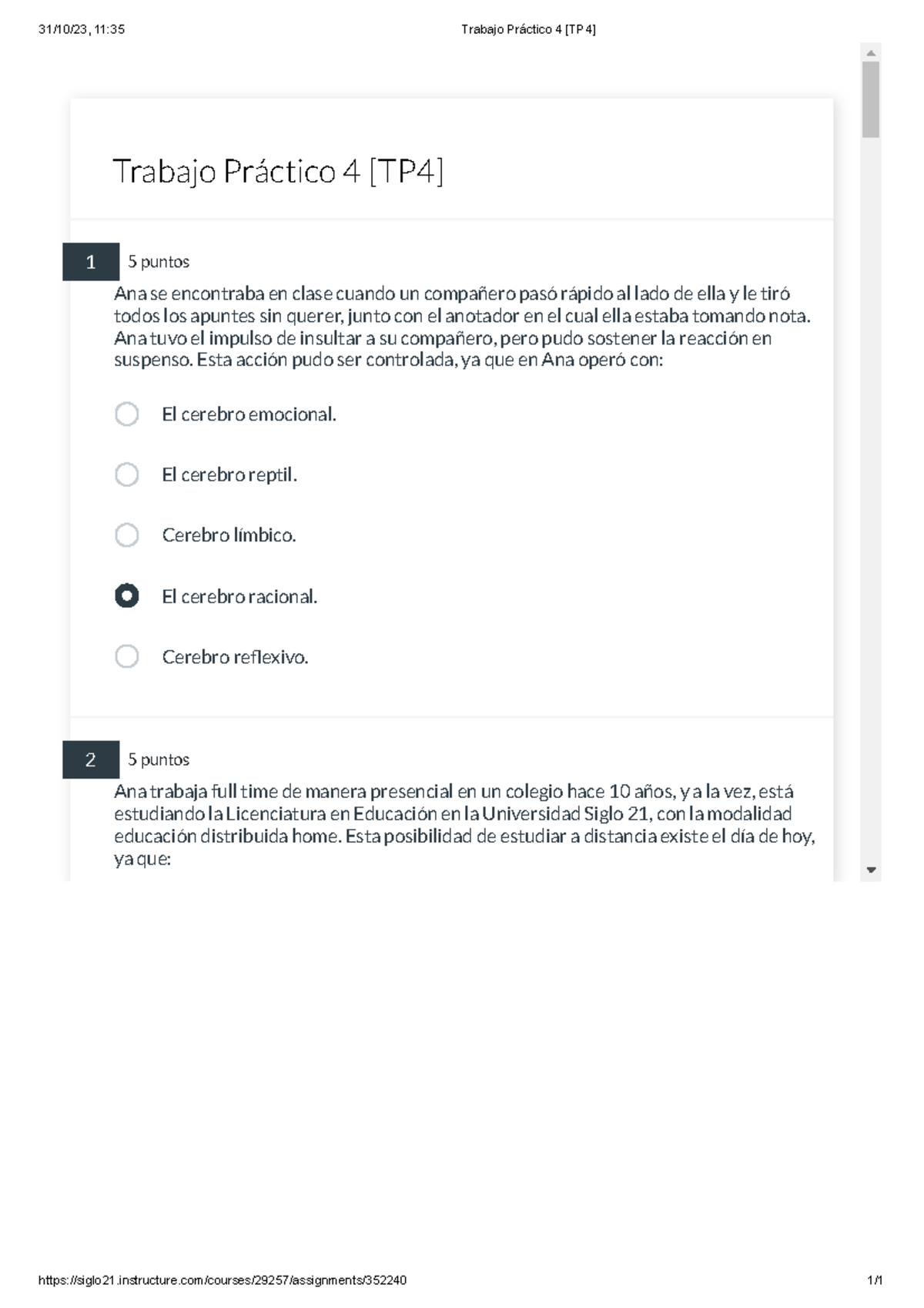 Trabajo Práctico 4 [TP4]aprender en siglo 21 87,5 - 31/10/23, 11:35 Trabajo Práctico 4 [TP4 ...