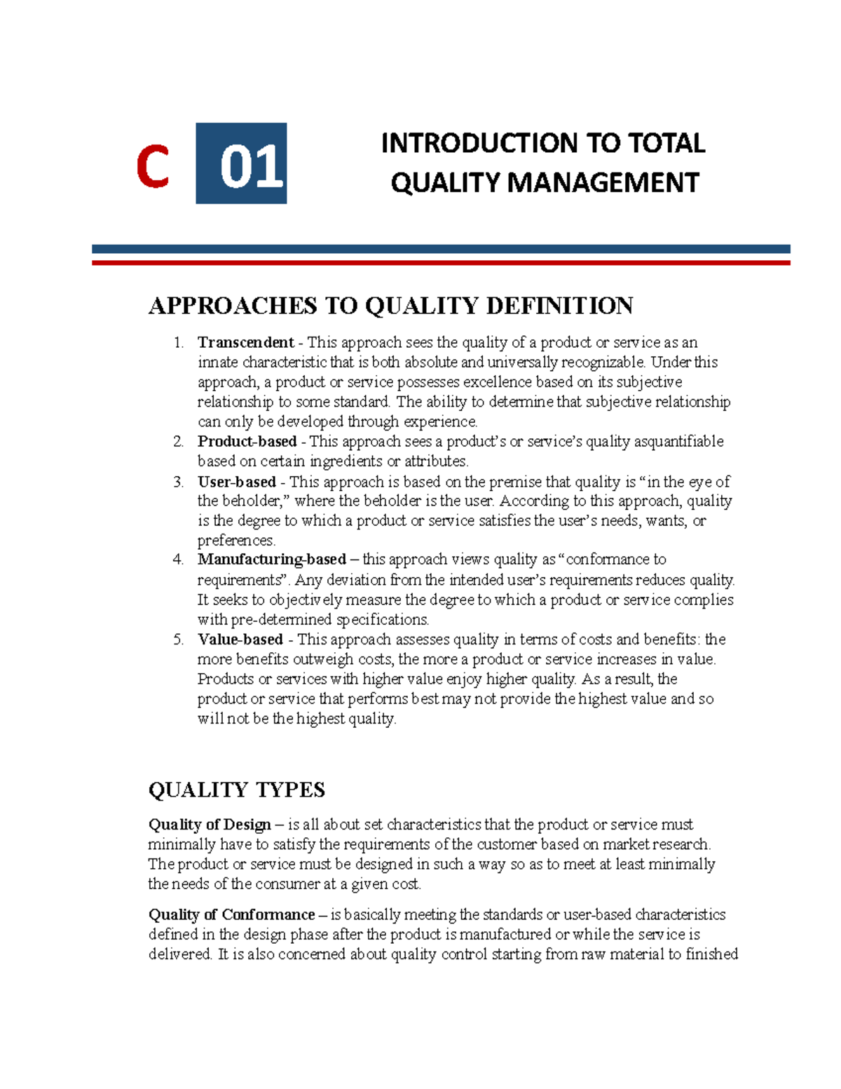 Chapter 1 Introduction TO Total Quality Management - Copy - C 01 ...