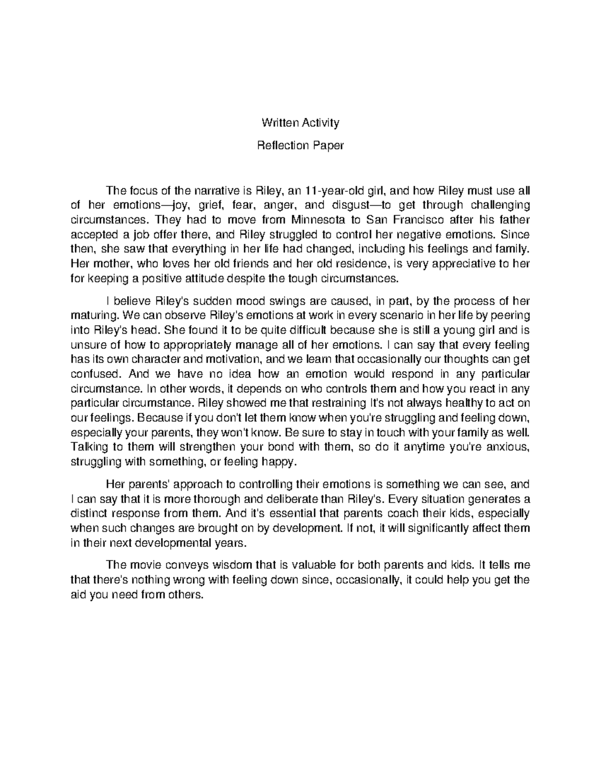 Reflection paper - Inside Out - Balangi, Rasselle M. Written Activity ...