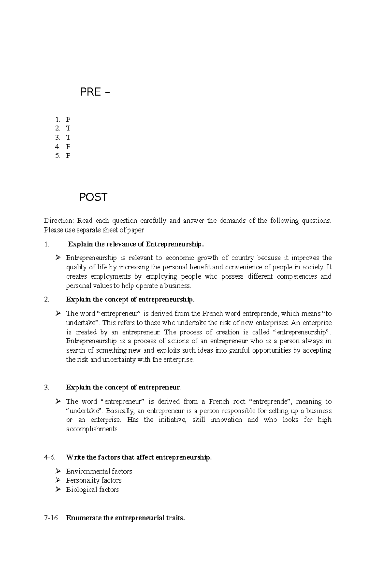 Entrep- Module-0 - 1. F 2. T 3. T 4. F 5. F Direction: Read each ...