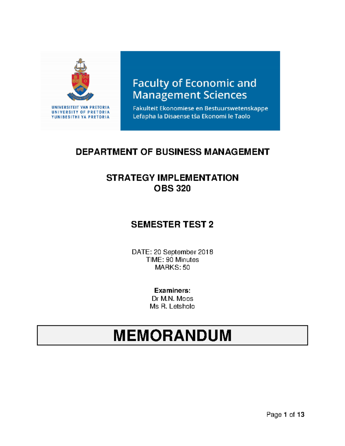 Semester TEST 2018 - Test preparation - DEPARTMENT OF BUSINESS ...