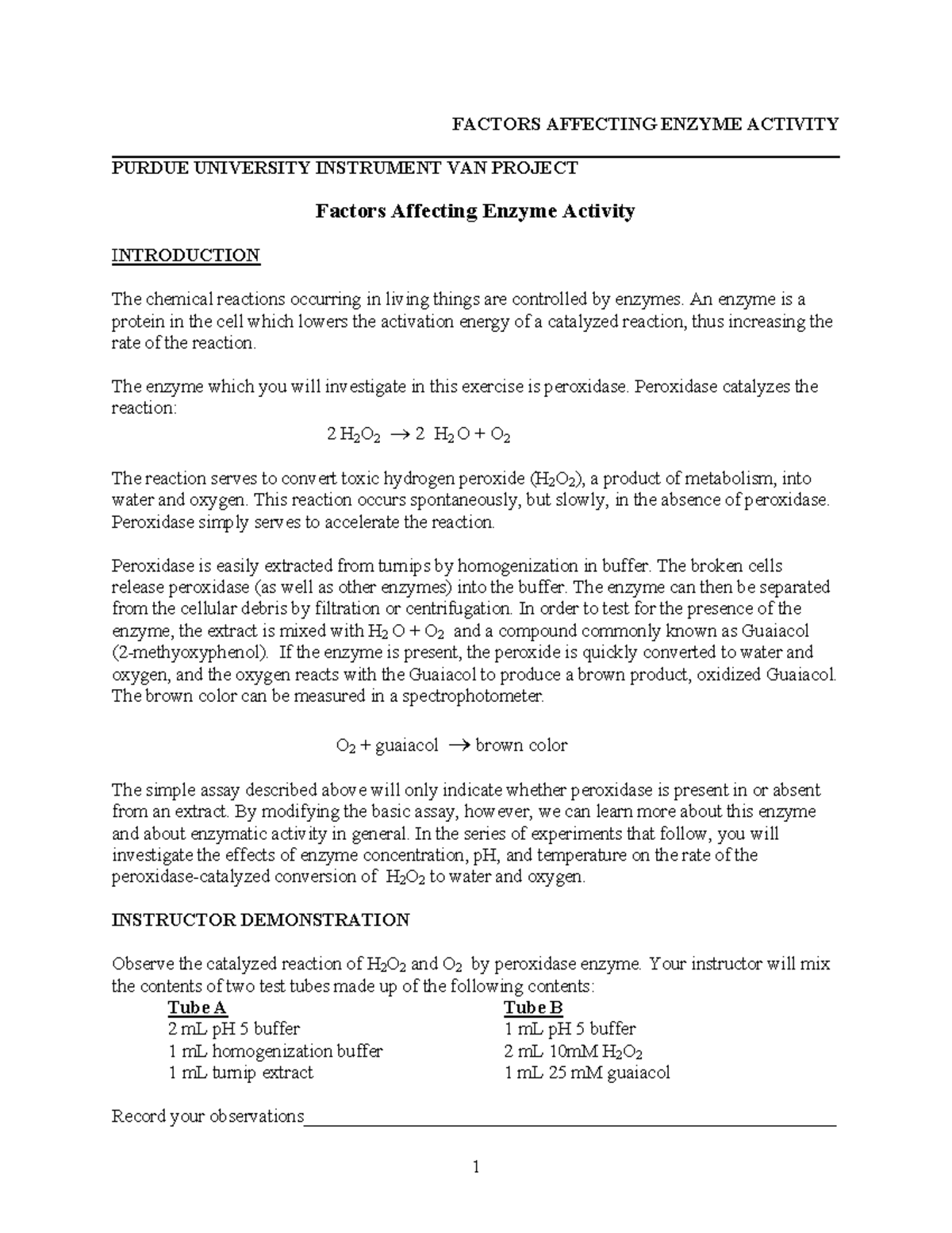 Enzyme sample - PURDUE UNIVERSITY INSTRUMENT VAN PROJECT Factors ...