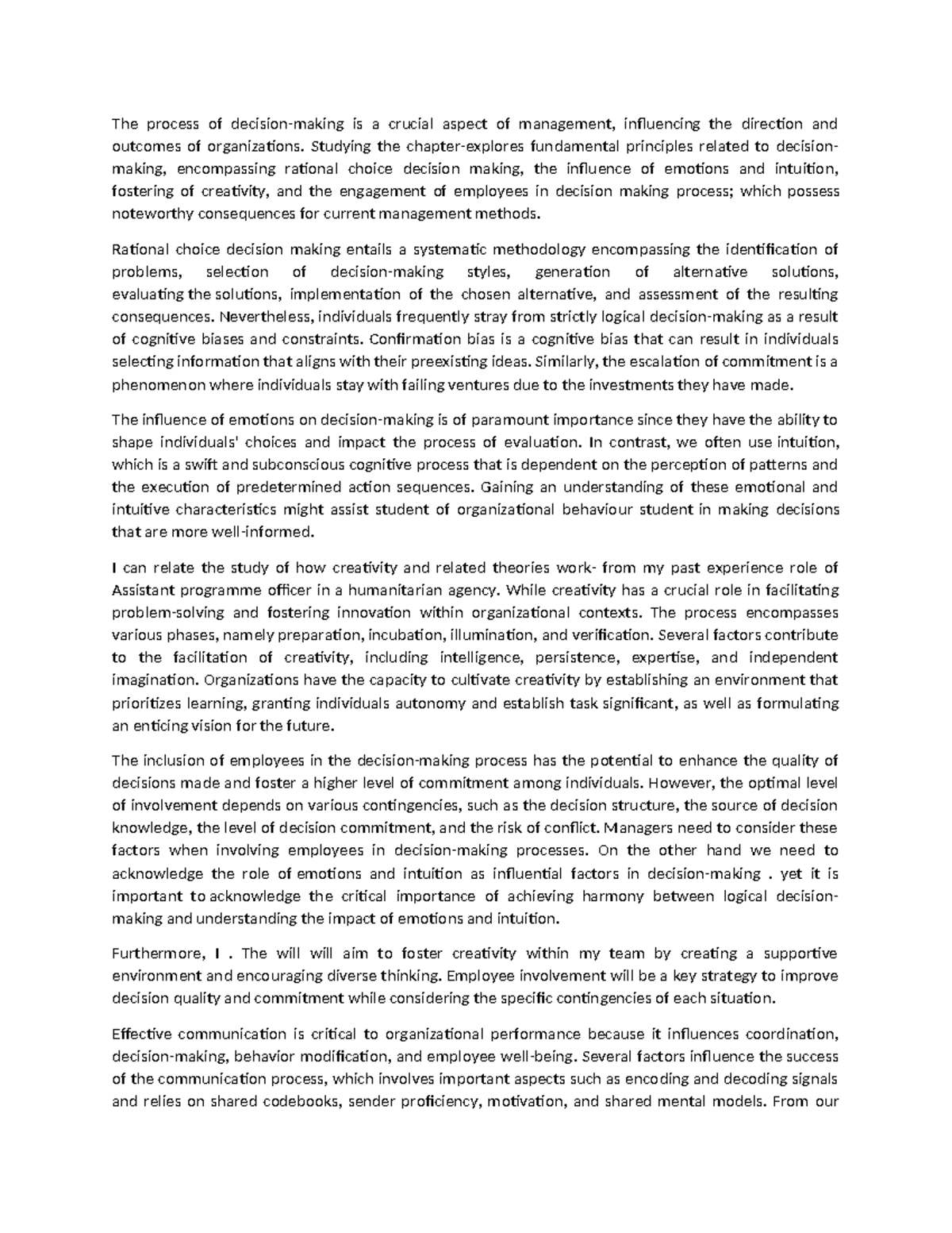 Self Reflection Module 4 - The process of decision-making is a crucial aspect of management ...