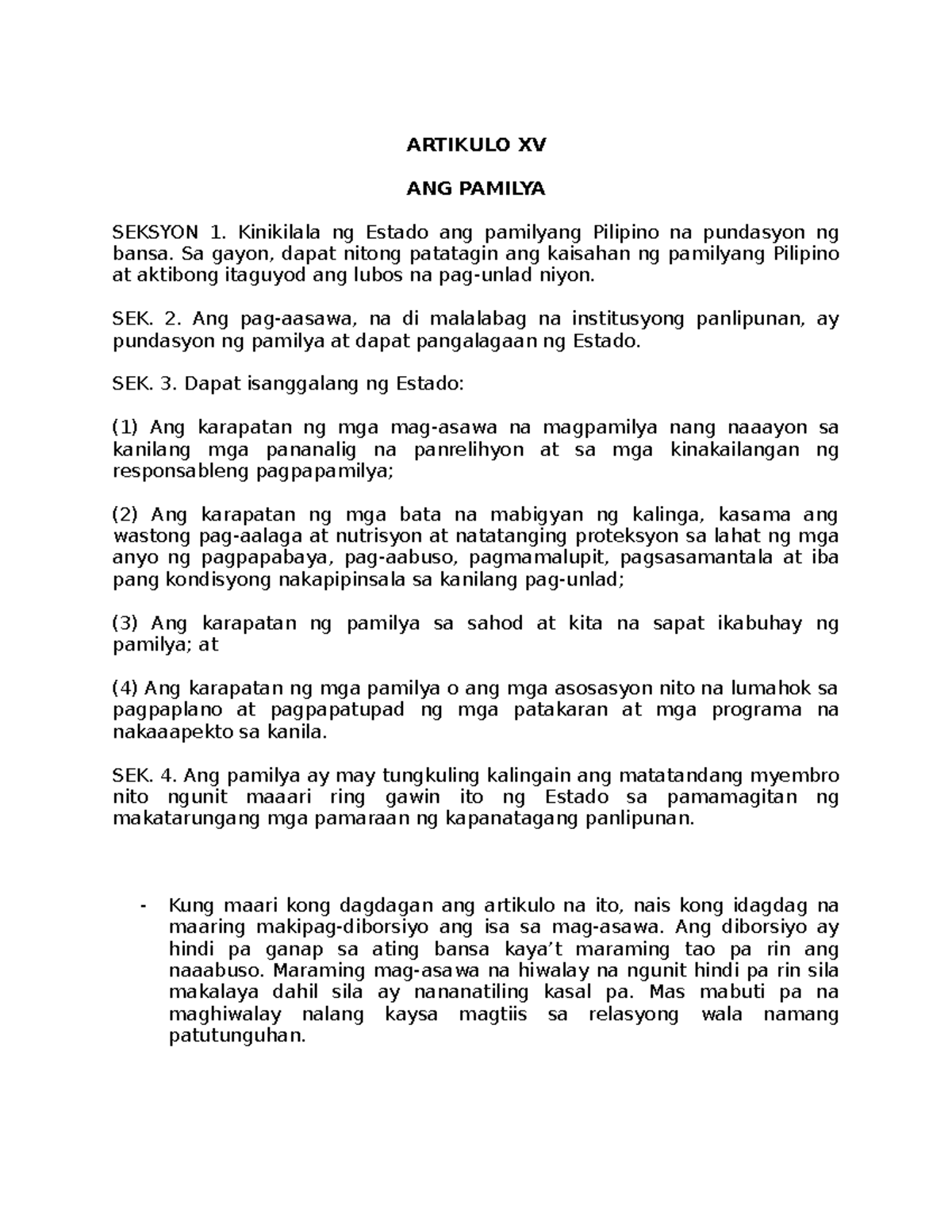 Artikulo XV - Activity - ARTIKULO XV ANG PAMILYA SEKSYON 1. Kinikilala ...