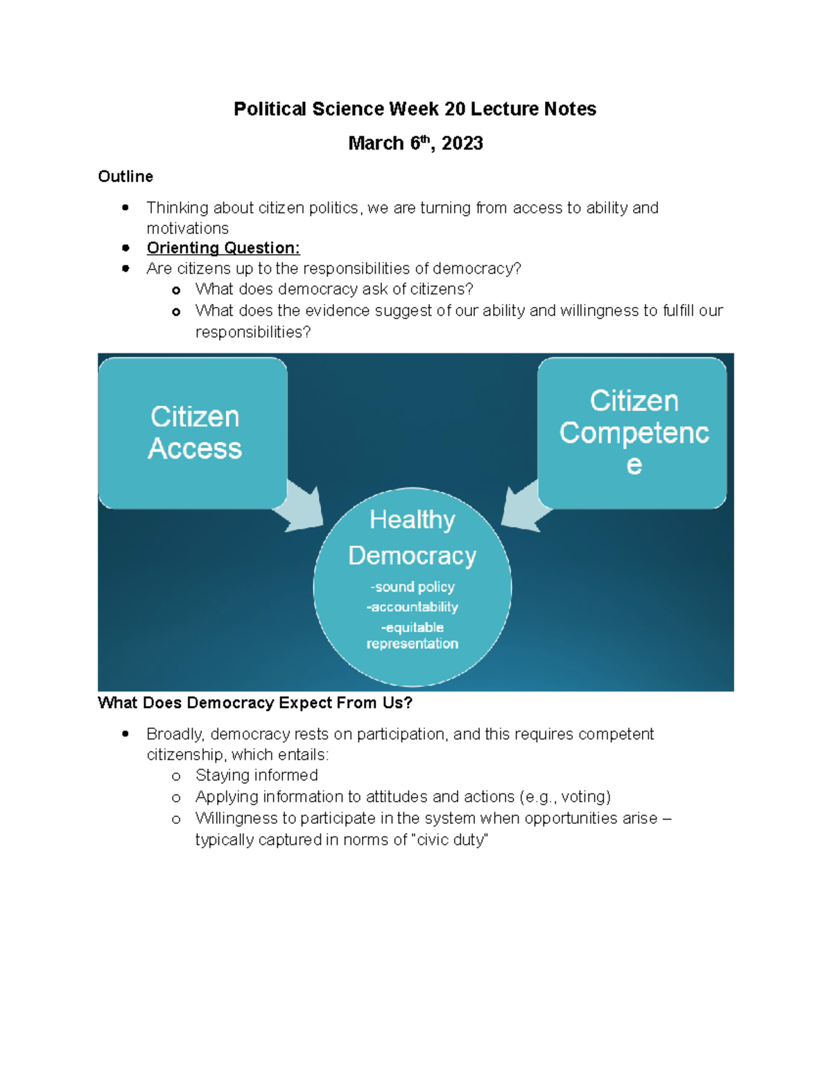 Political Science Week 20 Lecture Notes - , voting) o Willingness to ...