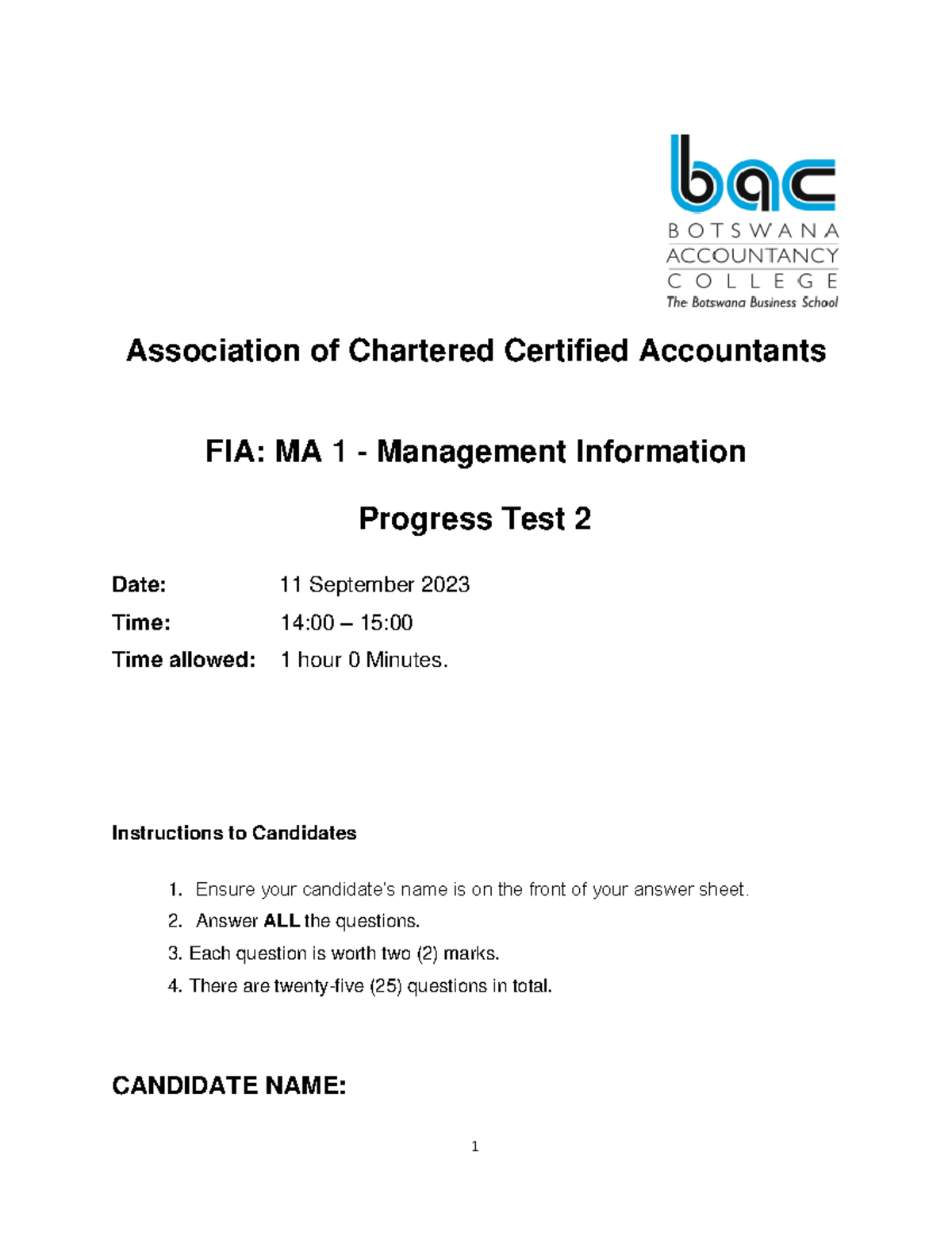 2023 Sept MA 1 Progress Test 2 - Association of Chartered Certified ...