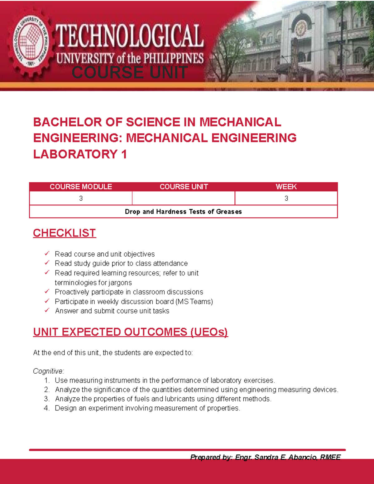 ME LABORATORY 1 UNIT TASK COURSE MODULE 3 - Bachelor of Science in ...