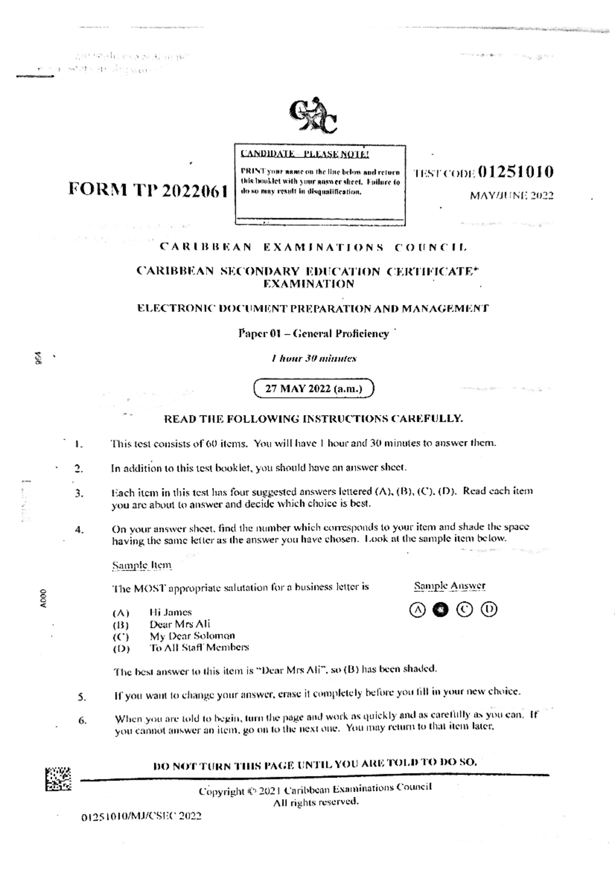 EDPM CSEC Paper 1 2022 - Cape Biology Unit 2 - Studocu