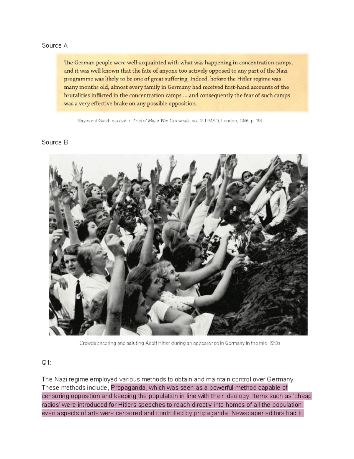 Modern assignment - Hitler source analysis - Source A Source B Q1: The ...