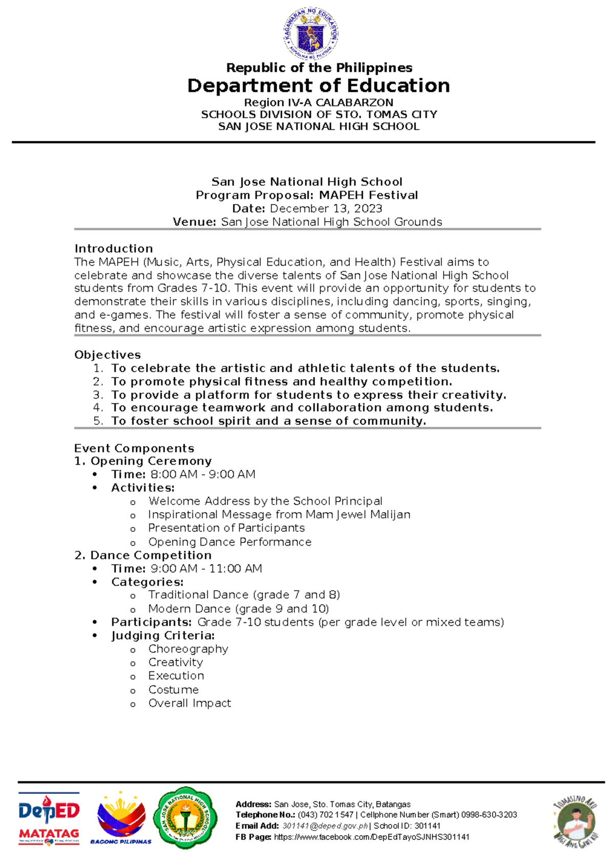Mapeh Festival - Proposal - Address: San Jose, Sto. Tomas City ...