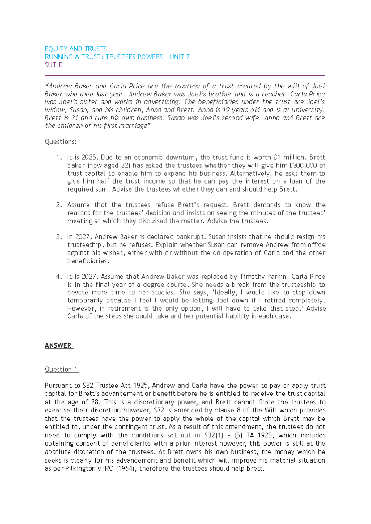 Equity and Trusts Unit 7 - SUT D - EQUITY AND TRUSTS RUNNING A TRUST: TRUSTEES POWERS – UNIT 7 ...