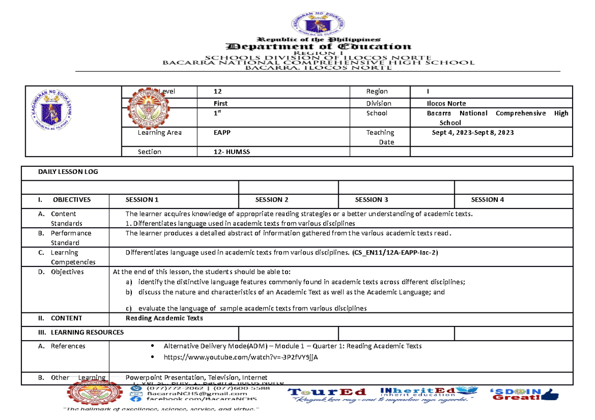EAPP Q1 W1 - Academic Text - Grade Level 12 Region I Semester First ...