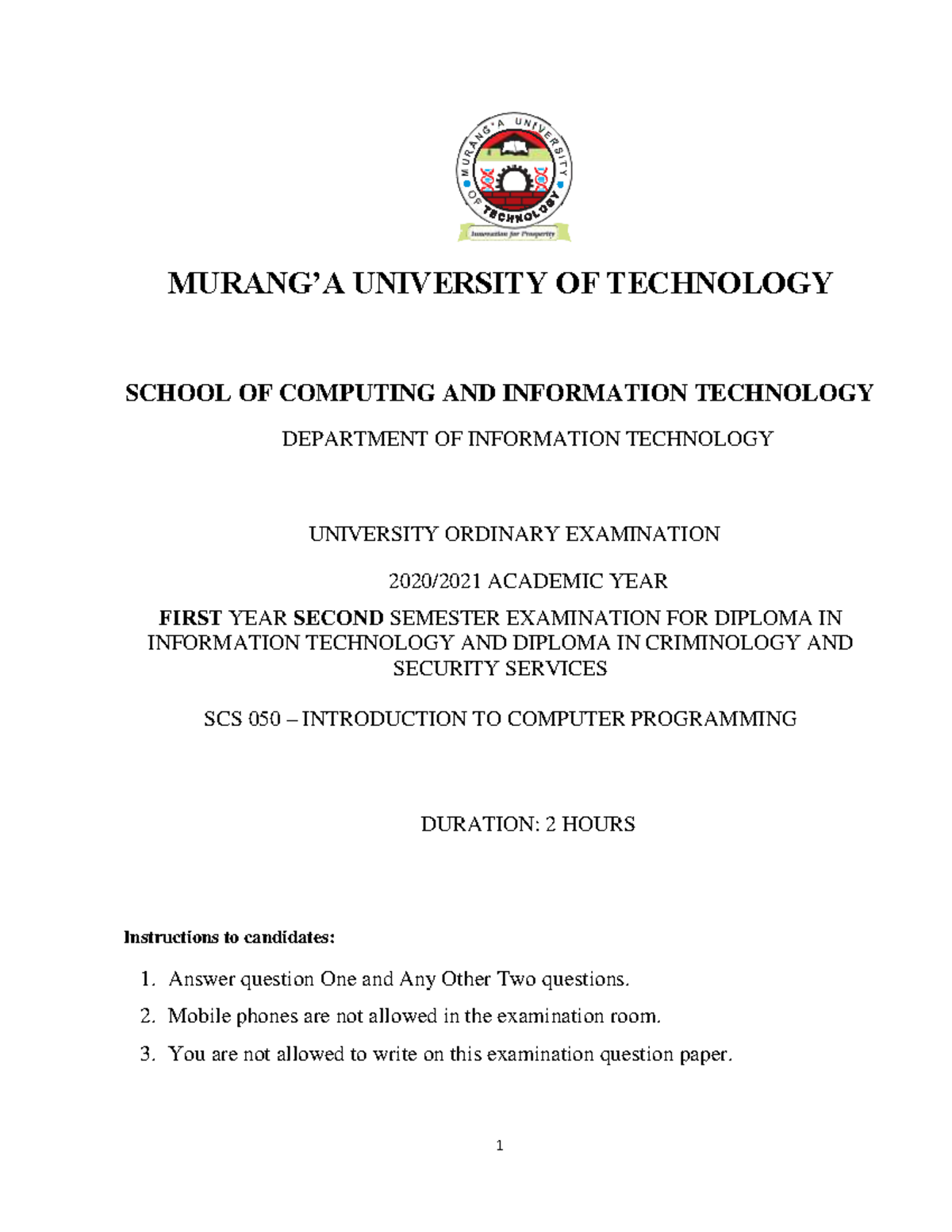 SCS 050 Introduction TO Computer Programming - 1 MURANG’A UNIVERSITY OF ...