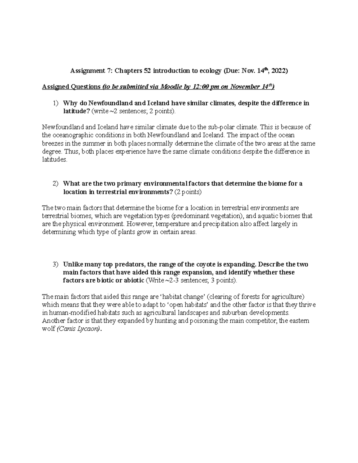 Assignment 7 BIO226 chap 52 - Assignment 7: Chapters 52 introduction to ...