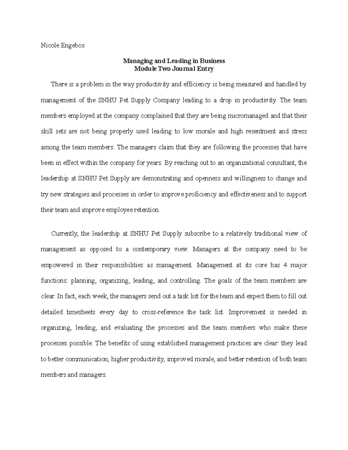 Module Two Journal - Grade: A- Nicole Engebos Managing and Leading in ...