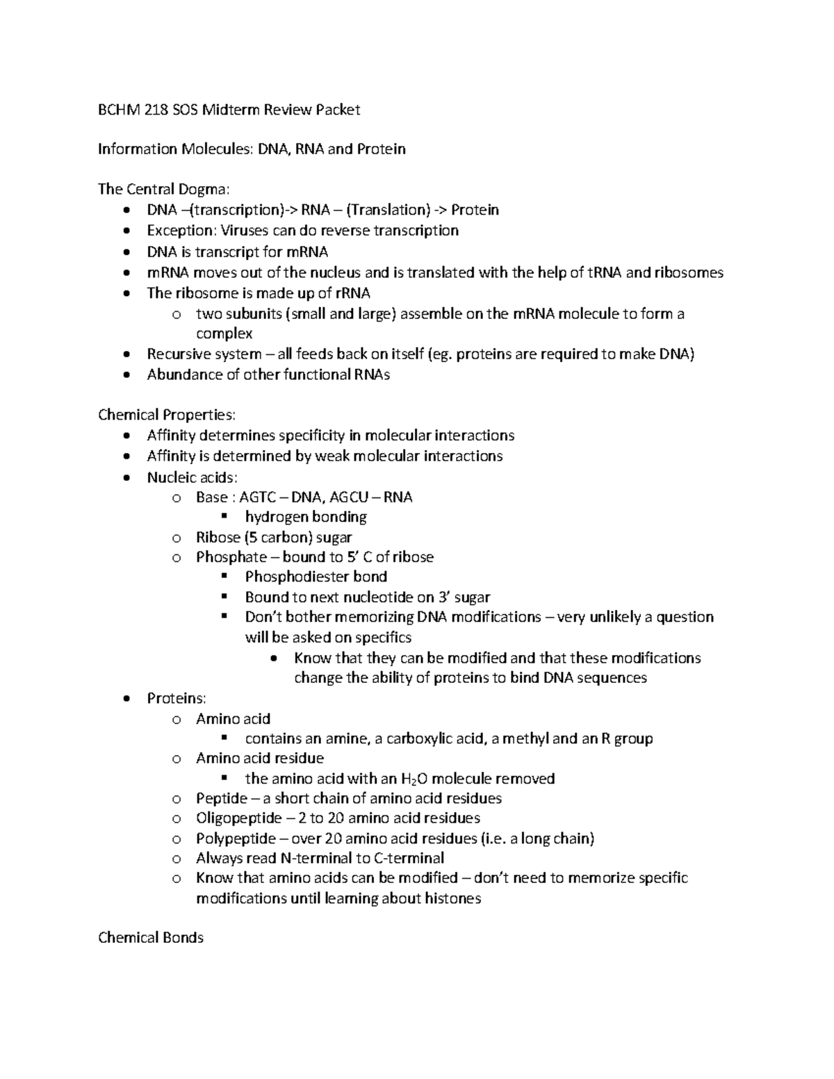 BCHM218 Mod 1-2 Midterm Review - BCHM 218 SOS Midterm Review Packet ...