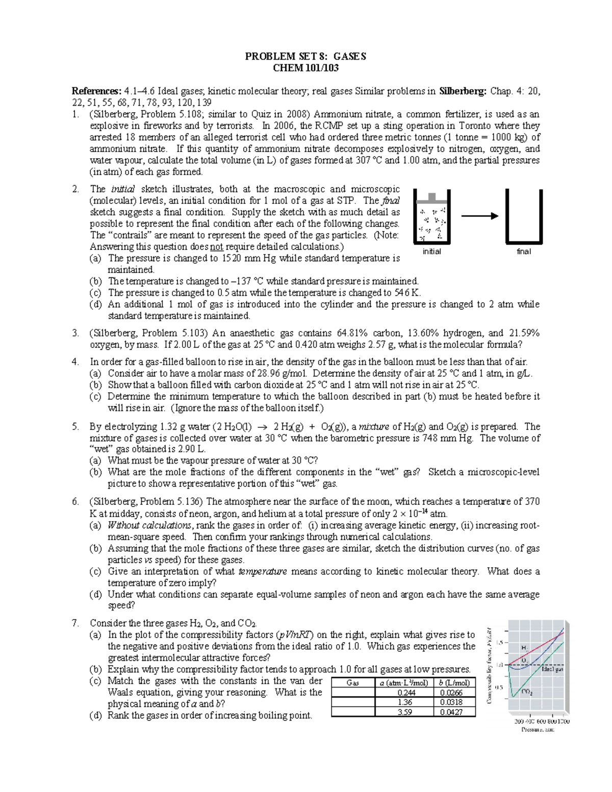 01 Problem Set 8 Unit #3 for Chemistry - PROBLEM SET 8: GASES CHEM 101 ...