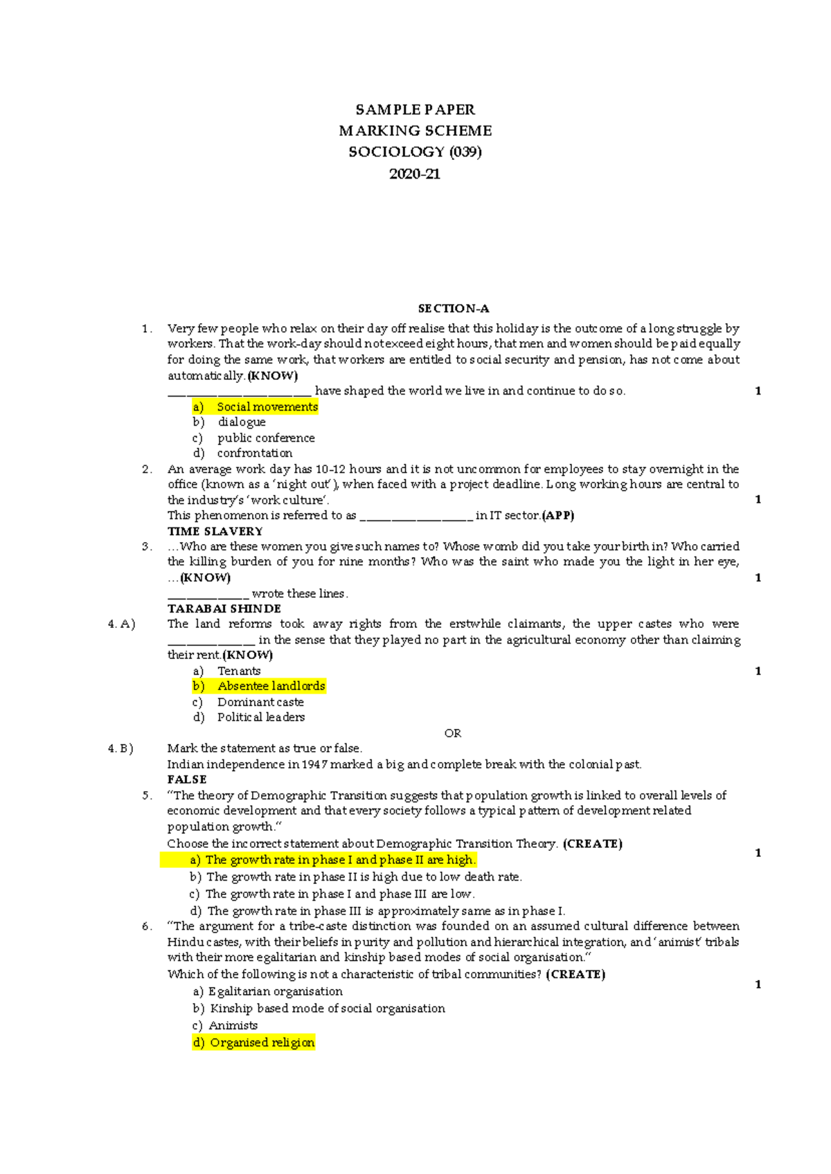 Sociology-MS - Sociological 2022 - SAMPLE PAPER MARKING SCHEME ...