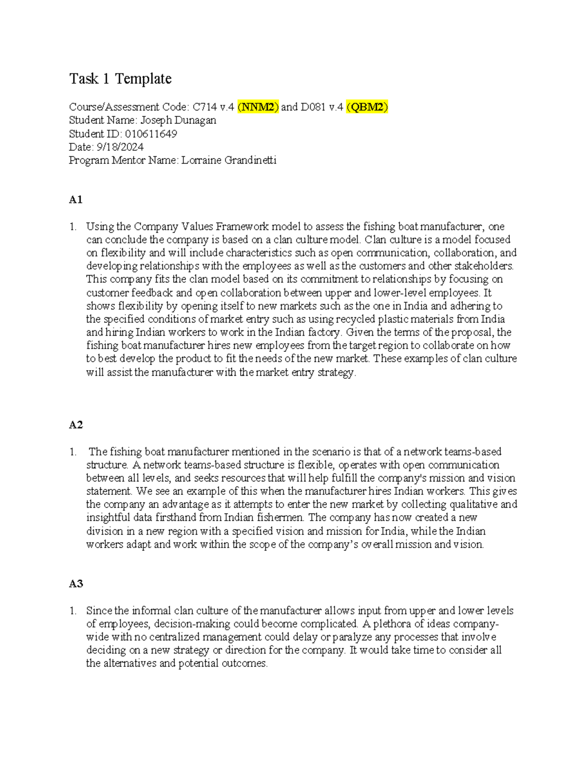 D081-QBM2-Task 1 Template - Task 1 Template Course/Assessment Code ...