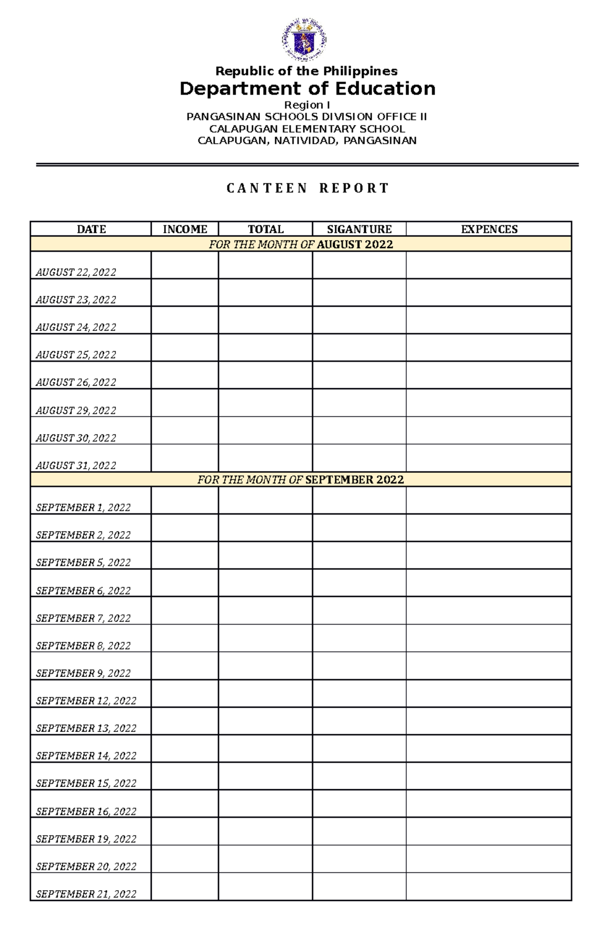 Canteen Report - Republic of the Philippines Department of Education ...